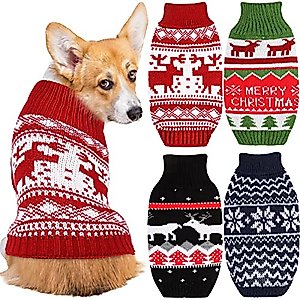 4 Pieces Dog Christmas Sweater Warm Knit Dog Sweater Turtleneck Cute Soft Dog Sweater Costume Reindeer Snowflake Dog Christmas Outfit Cold Weather Pet Christmas Clothes for Dog Puppy (Small)