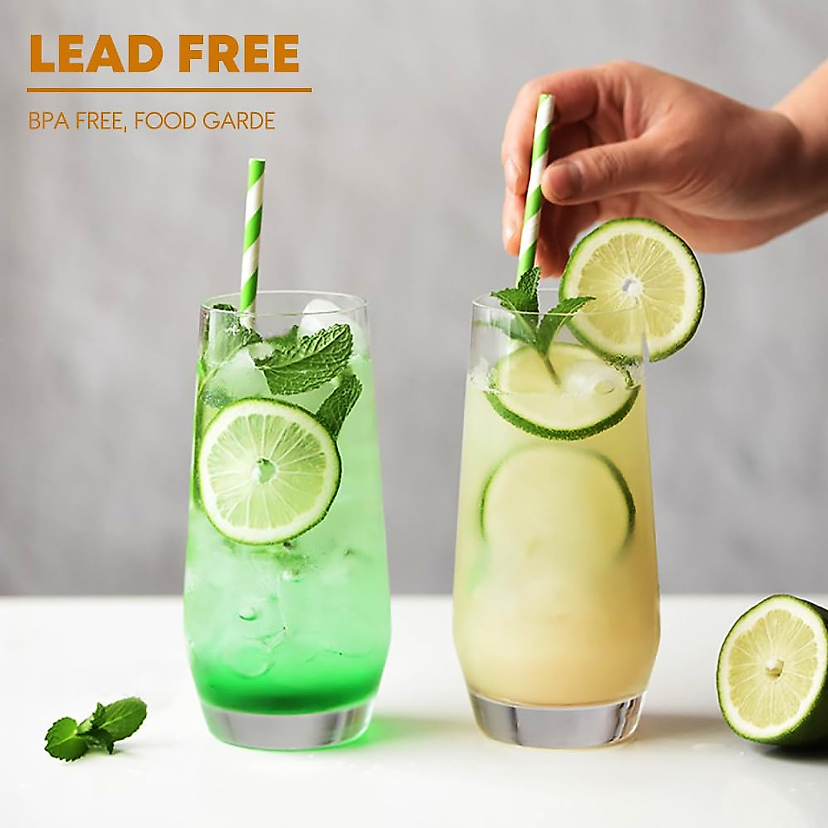 ALINK Drinking Glasses with Glass Straws Set of 6, 18 oz Tall Highball Glass Cups, Lead-Free Crystal Water Glasses, Iced Coffee Tea Cocktail Mojito Glass Cups, Tom Collins Bar Glassware