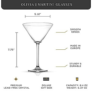 JoyJolt Olivia Crystal Martini Glasses - Premium Glassware Set Made in Europe - 9.2 oz Tall Martini Glasses - Elegant Cocktail Glasses - Set of 2 Martini Glass for Drinks such as Martini or Manhattan
