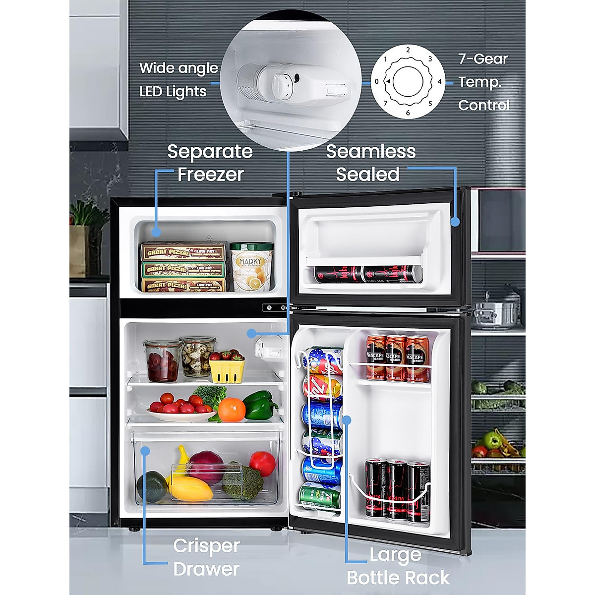 NAFORT Mini Fridge with Freezer 3.2 cu ft. 2-Door Freezer Cooler Refrigerator with Reversible Door, Removable Glass Shelves&Drawer, Mechanical Control, Recessed Handle for Dorm, Office, Apartment