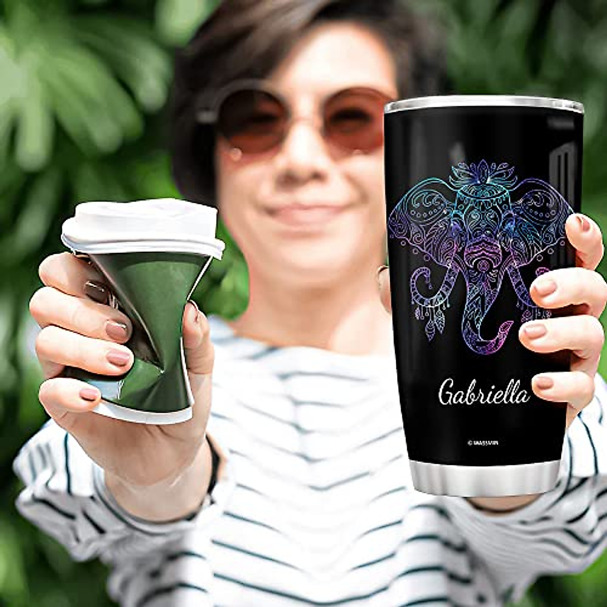 Wassmin Personalized Elephant Tumbler Cup With Lid 20oz 30oz Mandala Elephants Stainless Steel Double Wall Vacuum Insulated Tumblers Coffee Travel Mug Custom Name Birthday Christmas Gifts Men Women