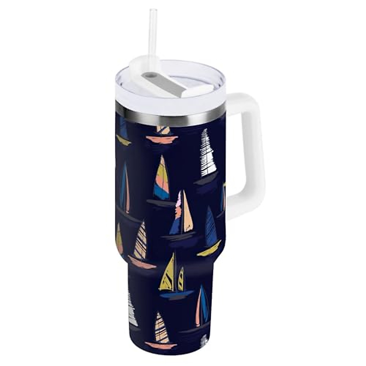 Joisal Hand Drawing Colorful Sailboat Tumbler Cup with Handle and Straw Ice Coffee Cups 40 Oz Stainless Steel Tumbler