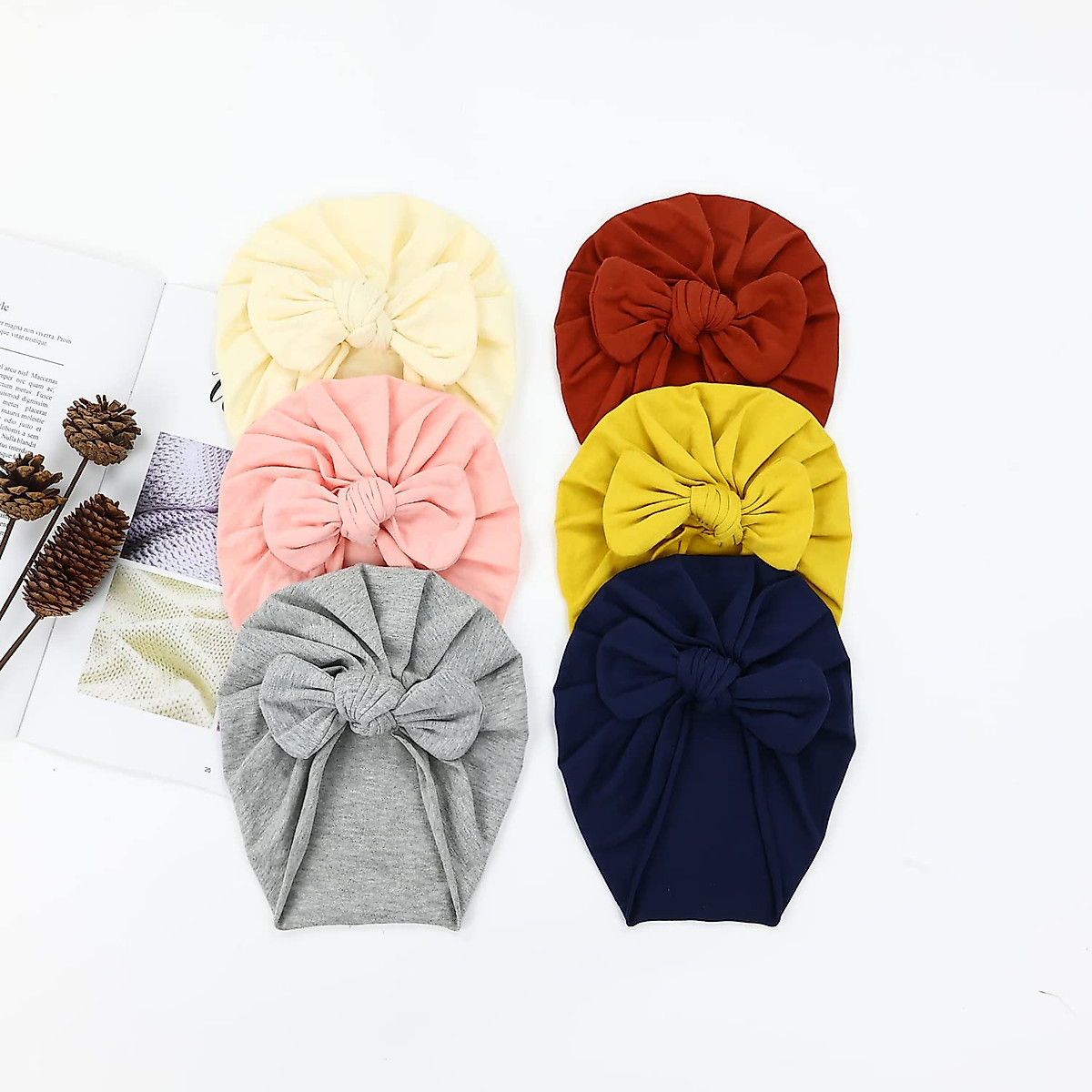 Cinaci 6 Pack Soft Stretchy Turban Hats with Knotted Big Bow Caps Beanies Bonnets Headwraps Hair Accessories for Baby Girls Newborns Infants Toddlers Kids