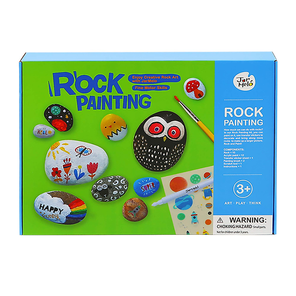 Rock Painting for Arts & Crafts; 12 Non-Toxic Fun Colors; 2 Brushes; 10 Rocks to Inspire Creativity and More; Great as Kids Gift;