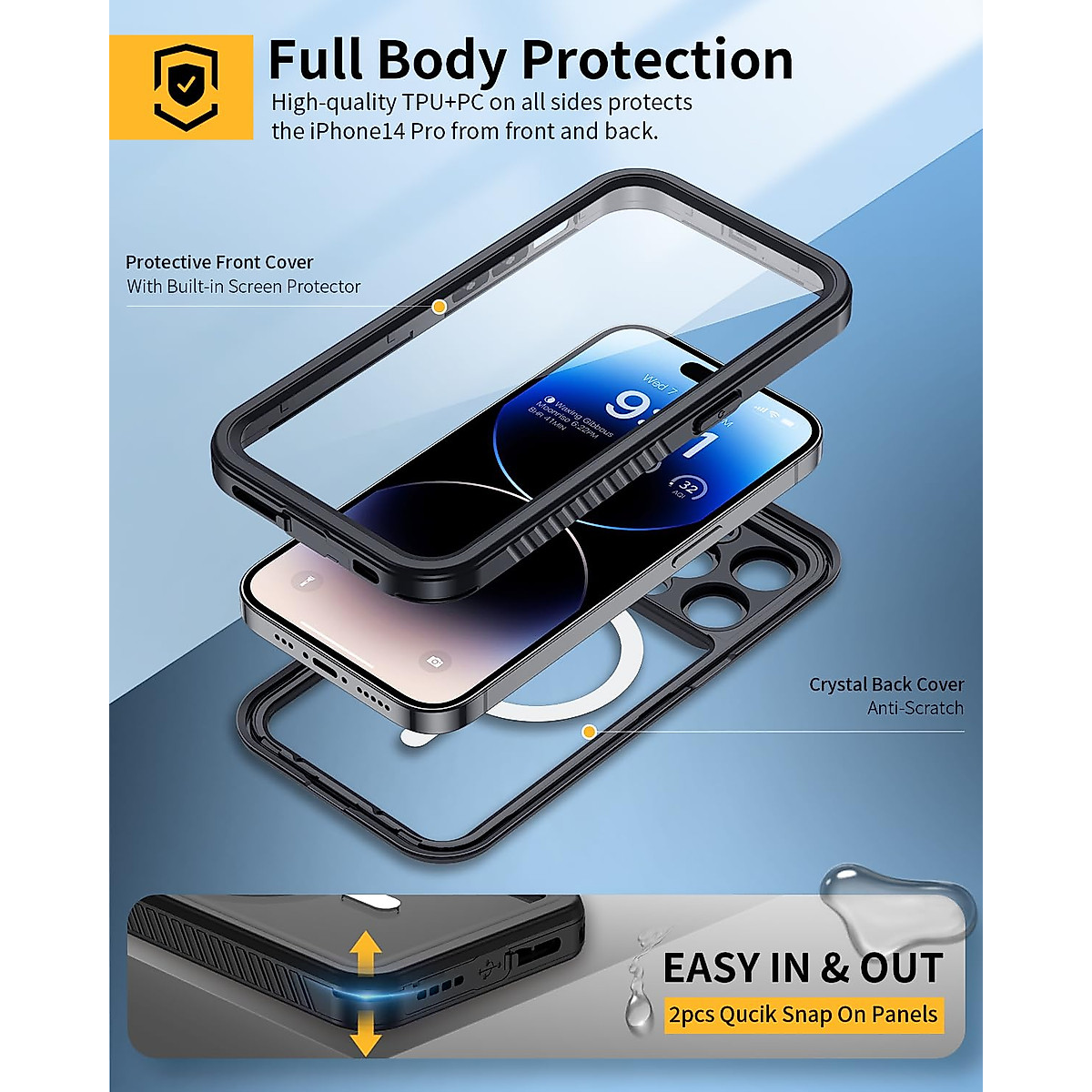 Lanhiem for Magnetic iPhone 14 Pro Max Case, Waterproof Dustproof Case with Built-in Screen Protector Compatible with Magsafe, Full Body Protective Cover for iPhone 14 Pro Max 6.7 inch -Black