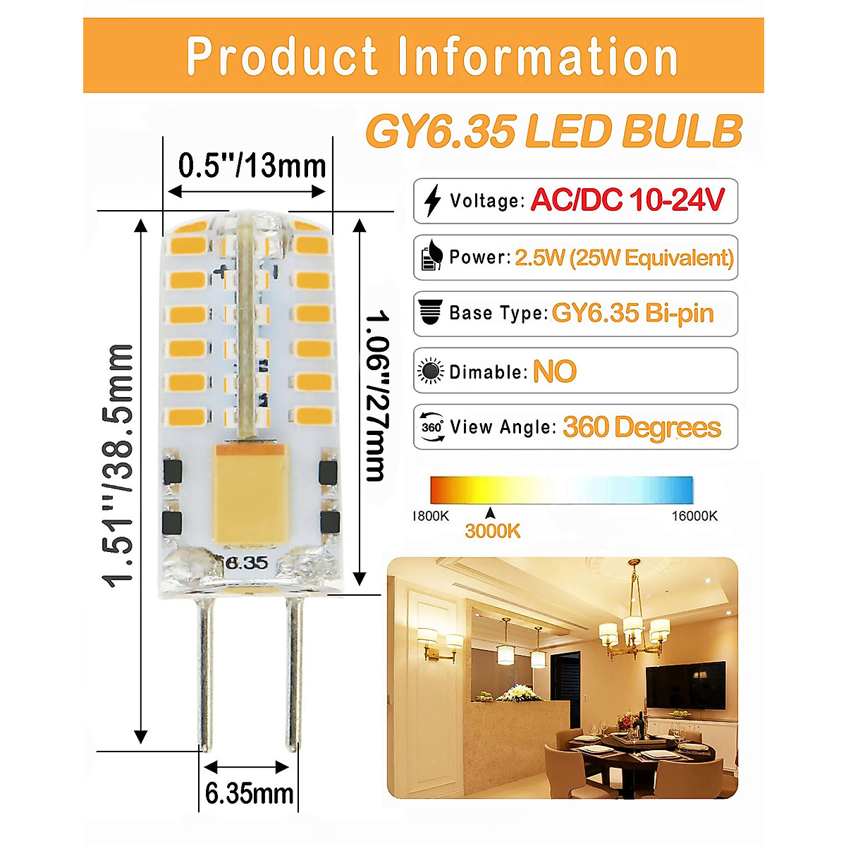 Lamsky G6.35 GY6.35 Bi-Pin Base LED Bulb 12V/24V 2.5 Watt Warm White 3000K Non-dimmable 30W Equivalent(4-Pack)