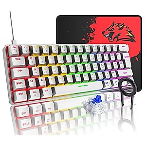 60% True Mechanical Gaming Keyboard Ultra-compact with 20 Rainbow Backlit Type C Wired Programmable 62 Keys Tactile Blue Switch Waterproof Non-Conflict and Gaming Mouse Pad for PC/Laptop/PS5（White)