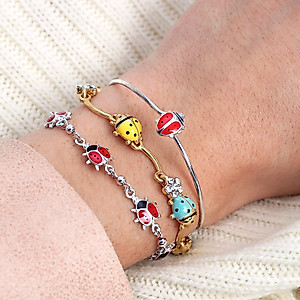 Good Luck Garden Lucky Multi Station Charms Enamel Red Ladybugs Charm Bracelet For Women Teen .925 Sterling Silver 7 Inch