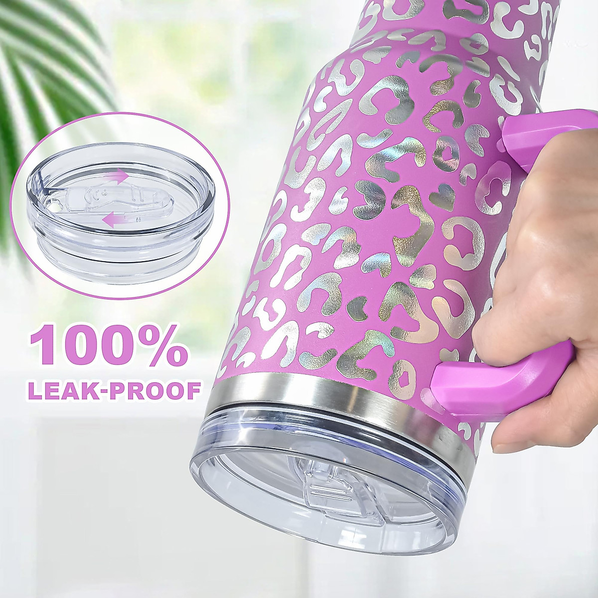 FECBK 40 oz Tumbler with Handle and Straw, 100% Leak-Proof Travel Mug, Stainless Steel Double Wall Vacuum Insulated Coffee Cup Keeps Cold For 34 Hours, Dishwasher Safe, Lavender Rose Leopard