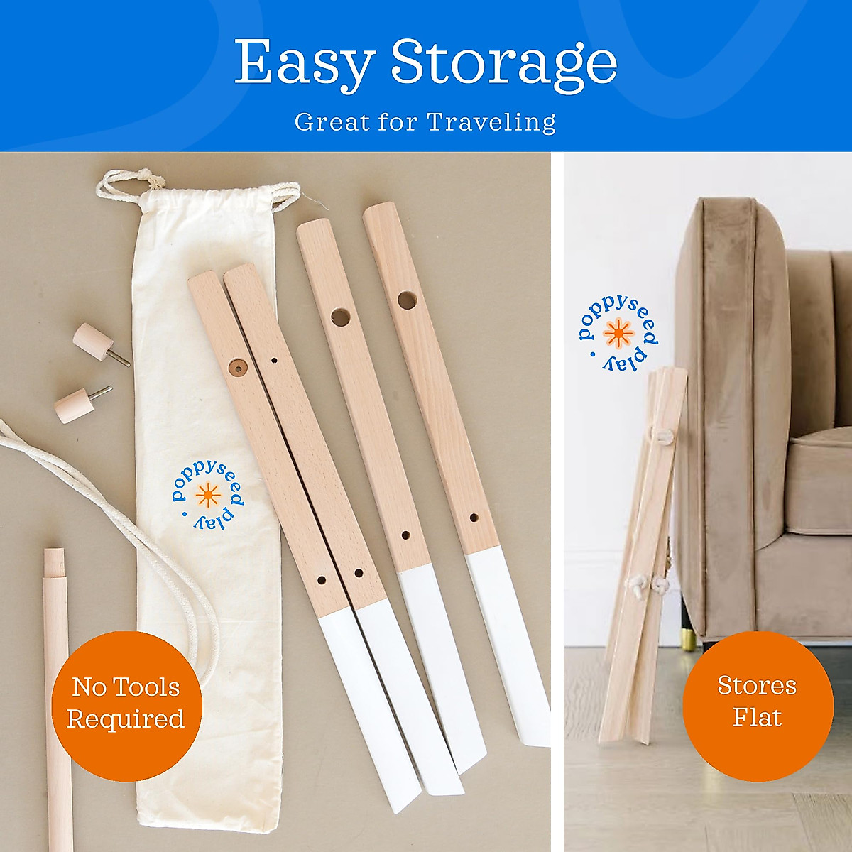 Poppyseed Play Wooden Baby Play Gym, Foldable Frame w/Hanging Bar, Tied Cotton Cord & Wooden Toys, Gender Neutral Baby Activity Set, Easy to Assemble (White Wood, Macrame Toys)