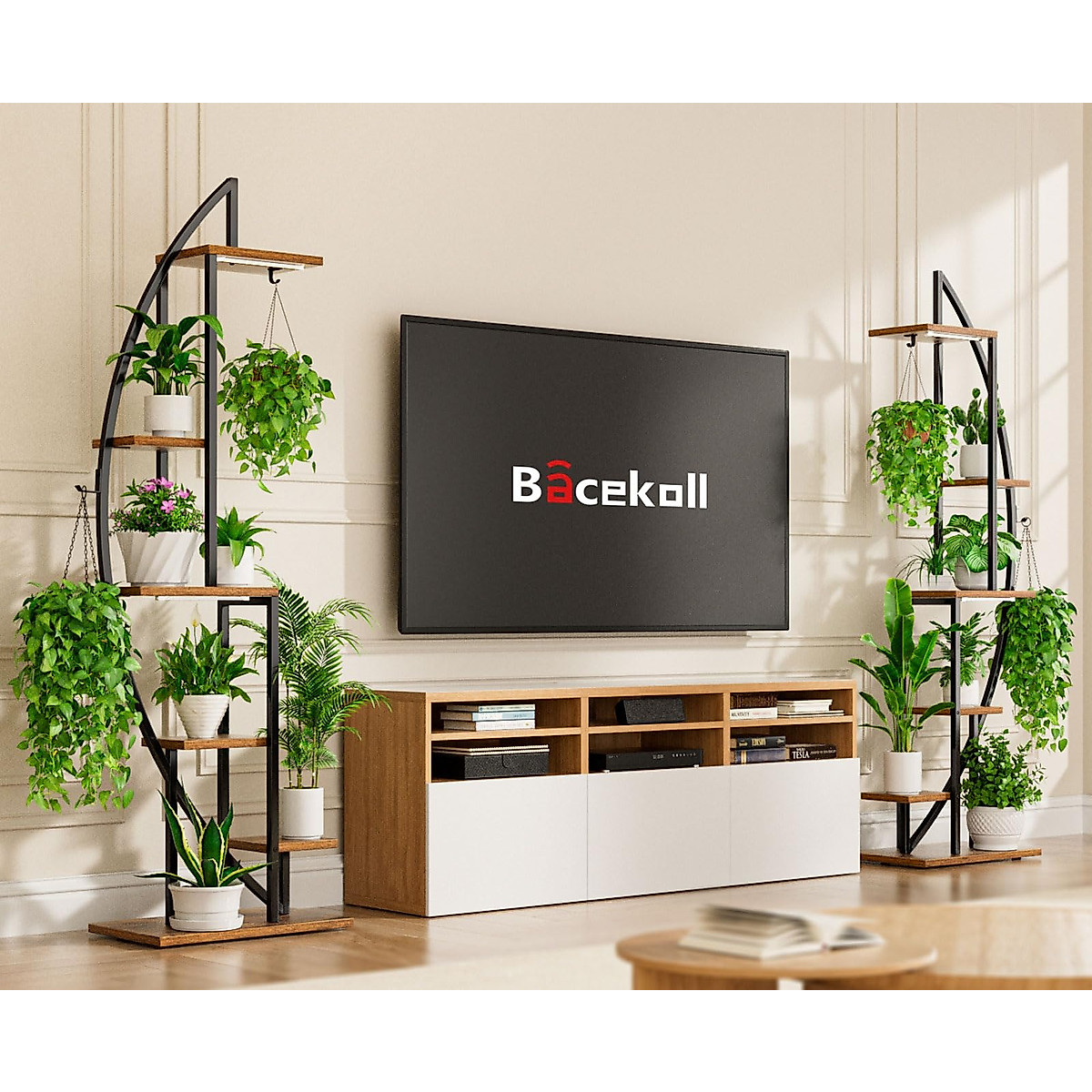 BACEKOLL Plant Stand Indoor with Grow Lights, 6 Tiered Tall Plant Shelf, 63" Metal Plant Stand for Indoor Plants Multiple, Half-Moon Plant Rack Display Shelf, 2 Pcs Plant Holder for Living Room, Patio