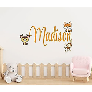 Personalized Boys Name Wall Decal - Boys & Girls Custom Name Wall Decal - Fox Wall Decal -Baby Deer Fox and Monkey Animal Theme - Wall Decal for Nursery Bedroom Decoration (Wide 16"x10" Height)