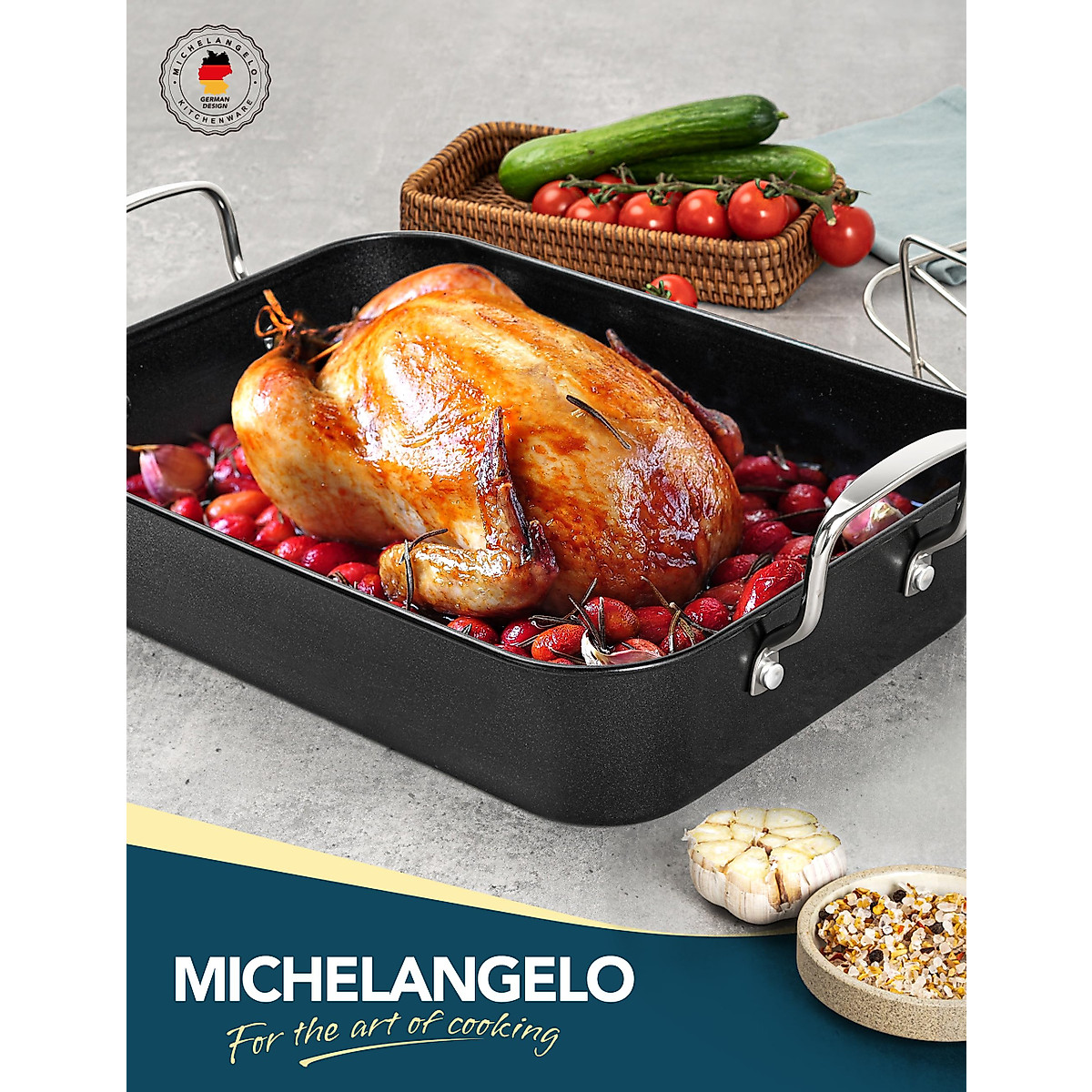 MICHELANGELO Carbon Steel Roasting Pan with Rack, Turkey Roasting Pan 15 Inch x 11 Inch, Nonstick Turkey Roaster Pan with Stainless Steel Rack, Induction Compatible