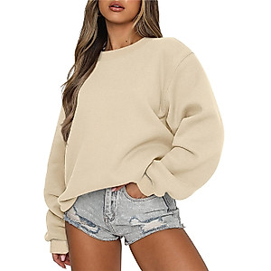 Ceboyel Oversized Sweatshirt For Women Solid Color Crewneck Pullover Tops Long Sleeve Sweaters Fall Fashion Trendy Clothes Womens Long Sleeve T Shirts Dressy Casual Beige L