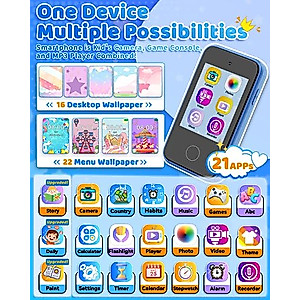 DUDUDRAGON Kids Smart Phone Toy for Boys 3 4 5 6 Year Old, MP3 Music Player, Dual Camera Travel Toys Educational Games, Toddler Birthday Gifts Touchscreen Pretend Play Phones for 3-8 Year Old，Blue