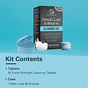 Retainer Cleanser Tablets and Soak Container Universal No Mess Denture Cleaning Tablets and Denture Bath Case Strainer Multipurpose Bath Cup Mouth Guard Cleaner for Stains Odor Plaque by M3 Naturals
