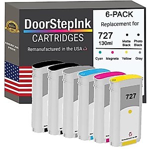 DoorStepInk Remanufactured in The USA Ink Cartridge Replacements for HP 727 130ml 6PK MB C M Y PBK G for Printers Deskjet T1500 T2500 T930 T920
