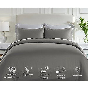 California Design Den Cotton Duvet Cover King Size, 3 Piece Slate Grey Bedding Set, 100% Pure Cotton Sateen Weave, 400 Thread Count Comforter Cover & Two Pillow Shams with Button Closure, Corner Ties