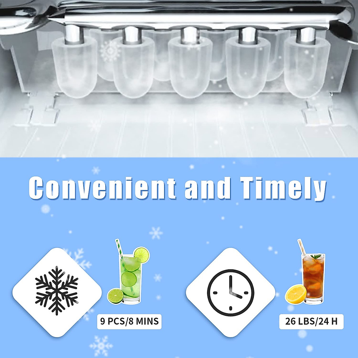Kismile Ice Maker, Compact Ice Machine, 9 Bullet Ice Cubes Ready in 8 Mins, 26lbs in 24Hrs, Countertop Ice Maker with Ice Scoop & Basket for Home Bar, Office, Kitchen