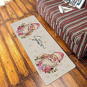 Christmas Santa Antifatigue Kitchen Bath Door Mat Cushioned Runner Rug,Washable Welcome Floor Sink Mat,Waterproof Non-Slip Comfort Standing Doormat,Blush Pink Gold Snowflakes Winter Red Flower 20"x39"