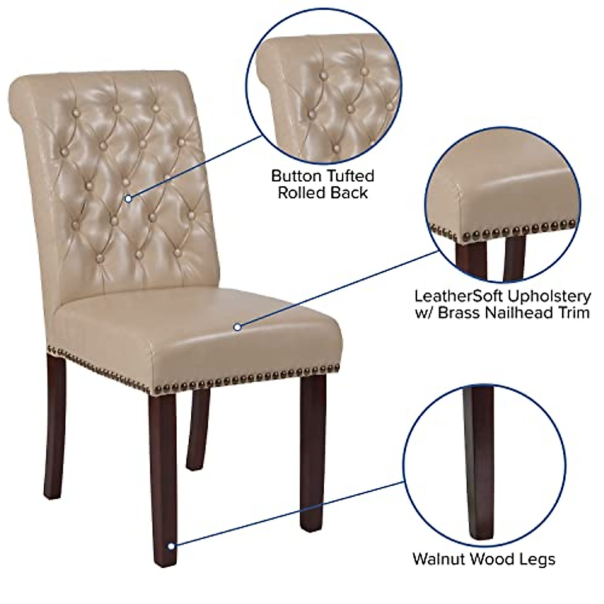 Flash Furniture Set of 4 Hercules Series Beige LeatherSoft Parsons Chairs with Rolled Back, Accent Nail Trim and Walnut Finish