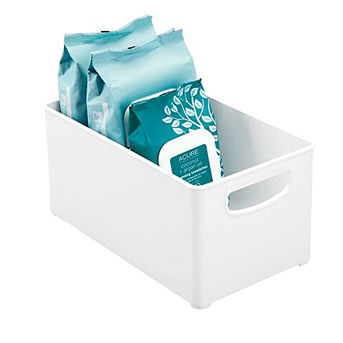 mDesign Plastic Storage Organizer Wide Container Bin with Handles for Bathroom, Home Organization - Holds Vitamins, Supplements, Makeup, Styling Tools - Ligne Collection - 4 Pack - White