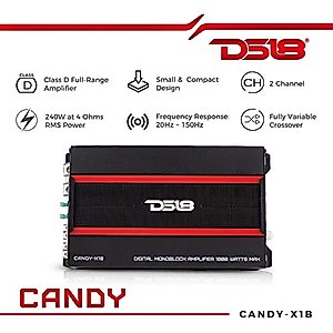 DS18 CANDY-X1B Amplifier in Black - Class D, Monoblock, 1800 Watts Max, Digital, 1/2/4 Ohm, with Remote Subwoofer Level Controller - Compact Amplifier for Speakers in Car Audio System