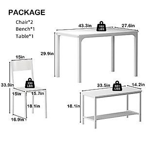 sogesfurniture 4-Piece Bench Style Dining Table Set, 4-Person Space-Saving Dinette for Kitchen，43'' Wood Kitchen Table & Chair Set for Breakfast Nook and Small Space, White