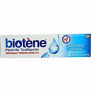 biotène Fluoride Toothpaste for Dry Mouth Symptoms, Bad Breath Treatment and Cavity Prevention Fresh, Mint, 4.3 Ounce (10050A)