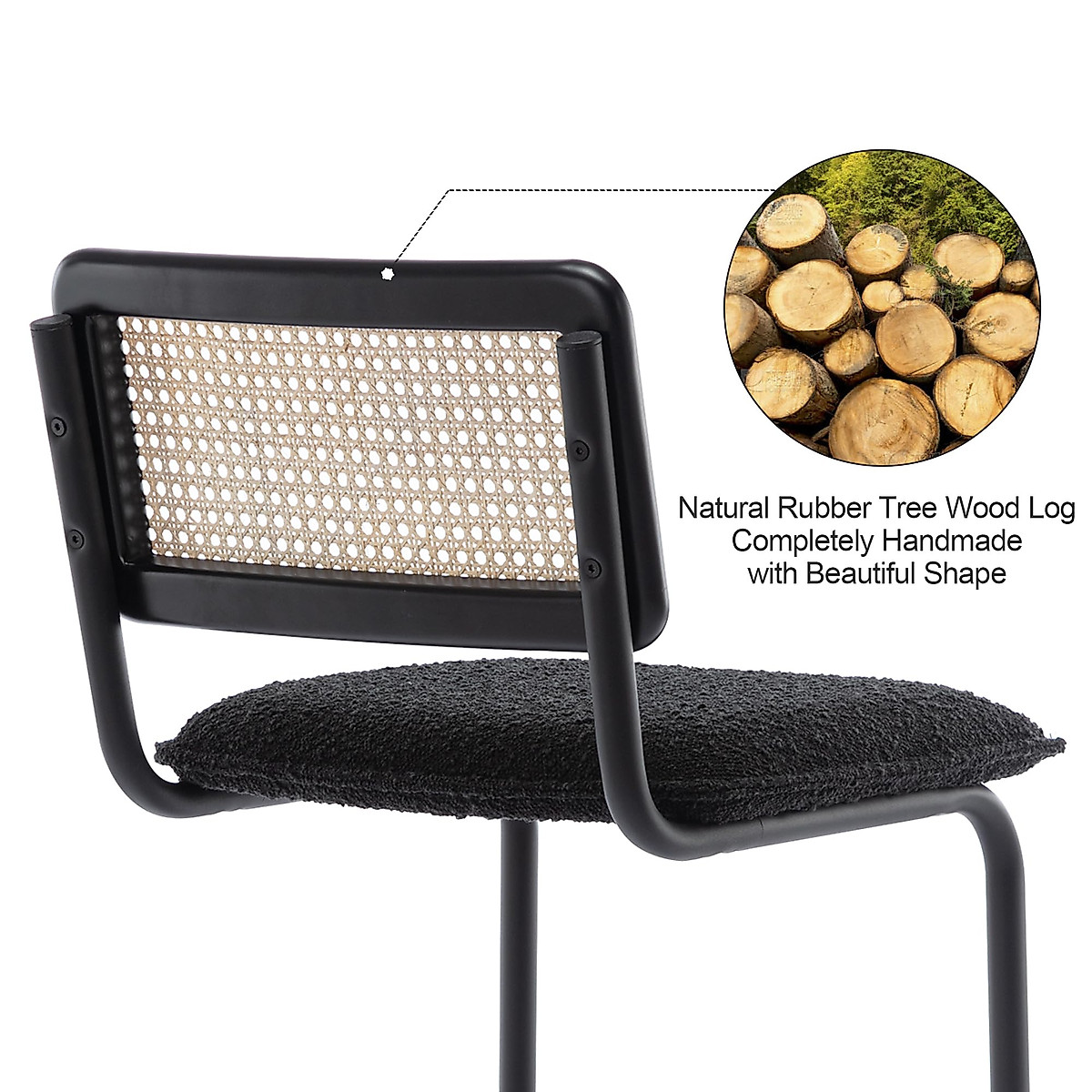 ONEVOG Boucle Rattan Bar Stools Set of 2, 29'' Bar Height Stools with Natural Cane Back, Solid Wood Frame Bar Chairs with Chrome Legs, Cantilevered Design Upholstered Stools, Black