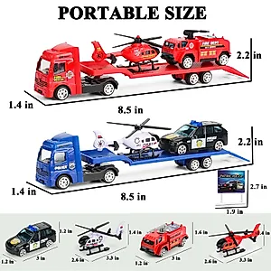 OTONOPI Toy Vehicle Push and Go Rescue Toy Playset Diecast Mini Police Car Fire Engine Truck and Helicopter Toy in Semi Carrier Truck Gift for Toddlers Kids Boys