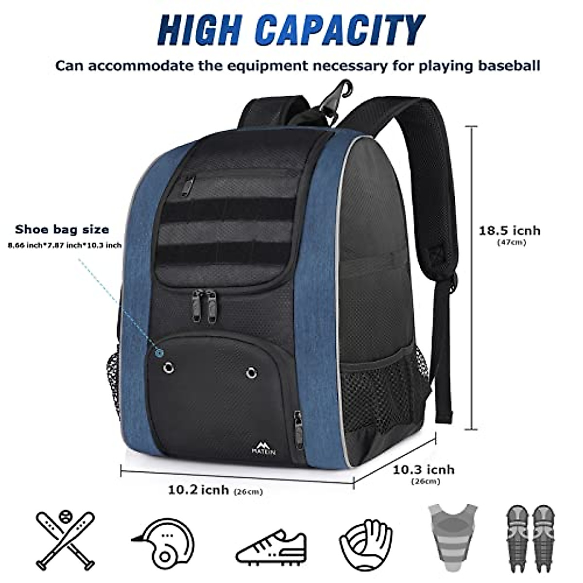 MATEIN Baseball Backpack, Lightweight Softball Bag with Shoes Compartment for Men, Large Capacity Baseball Bags Gift for Adults with Fence Hook Hold 4 Tee Ball Bats, TBall Gear, Helmet