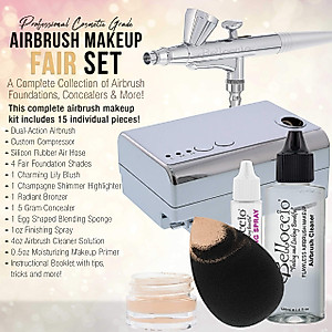 Belloccio Professional Beauty Airbrush Cosmetic Makeup System with 4 Fair Shades of Foundation in 1/4 Ounce Bottles - Kit Includes Blush, Bronzer and Highlighters