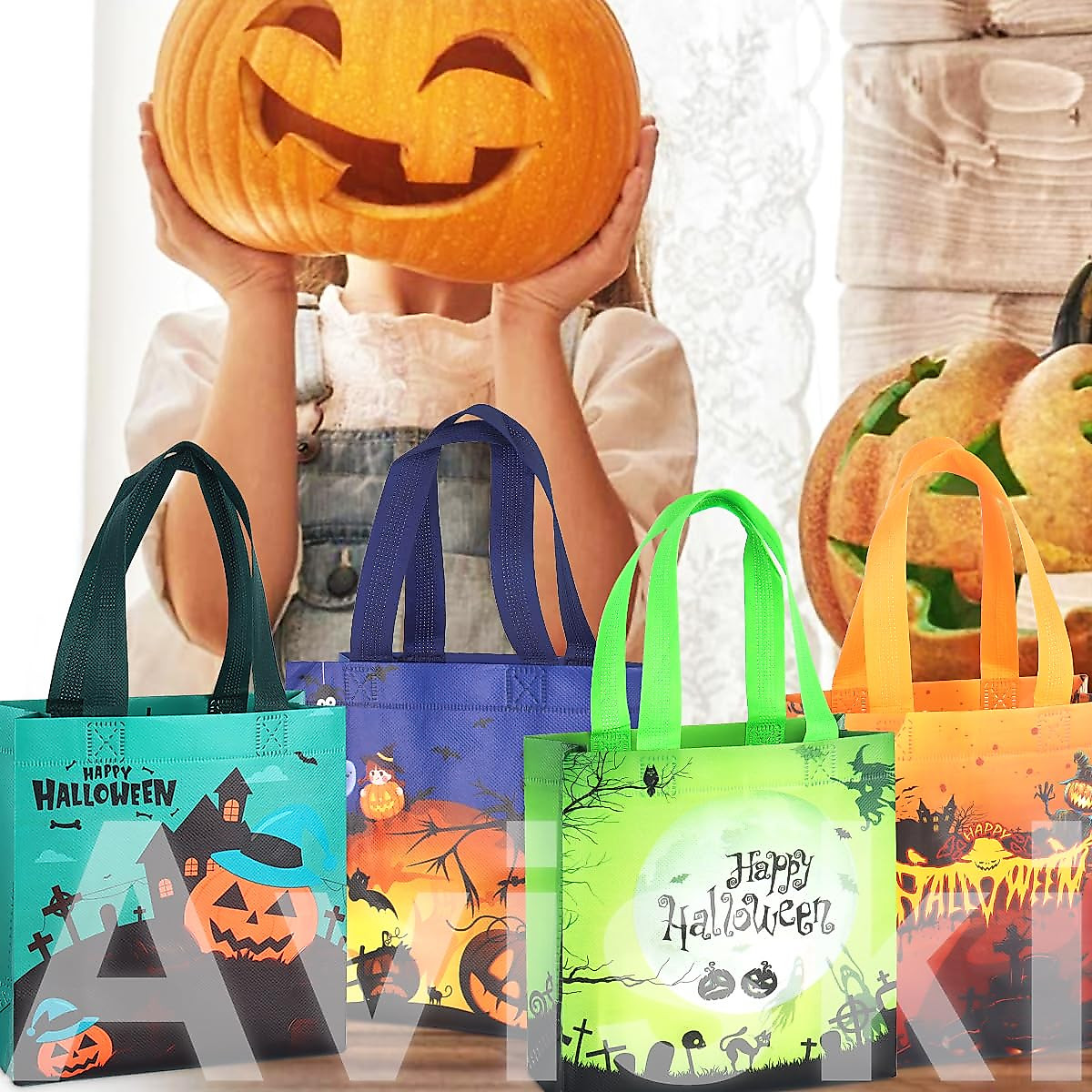 Aviski 10PCS Halloween Trick or Treat Bags, Small Halloween Tote Bags with Handles, Gift Bags, Multifunctional Non-Woven Halloween Bags for Gifts Wrapping, Halloween Party Supplies
