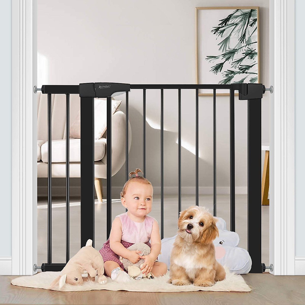 Walk Thru Baby Gates for Doorway and Stair, RONBEI Auto Close Pressure Mounted Wide Indoor Safety Gate for Opening 35''-37.8'' or 29.53''- 31.5'', Height 30", Ideal Barrier for Toddler and Small Dogs