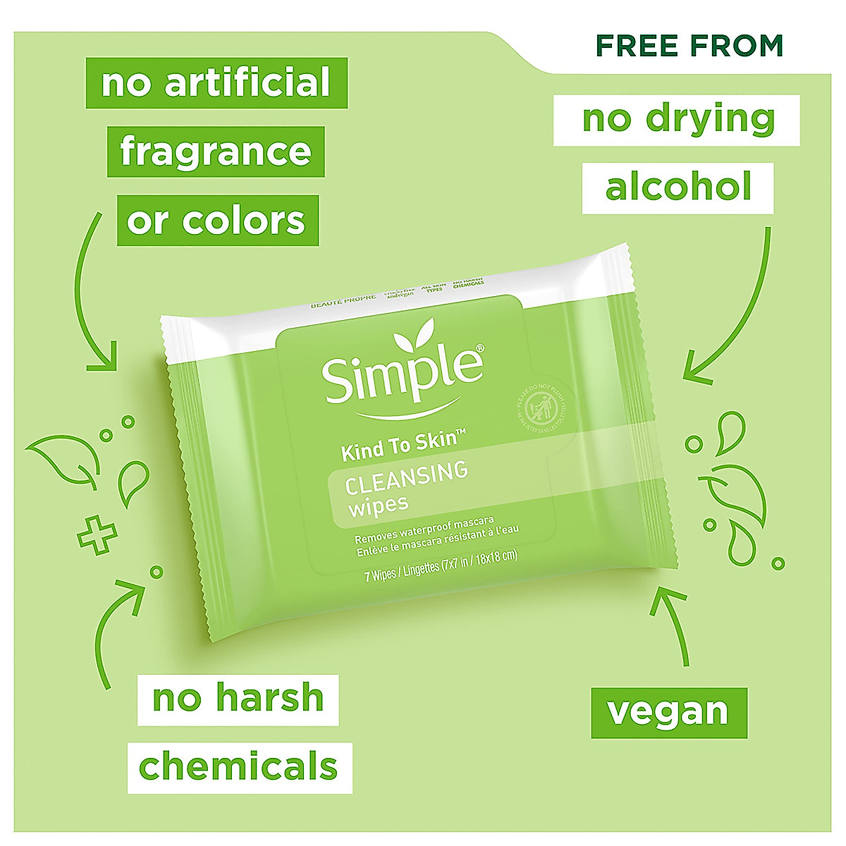 Simple Kind to Skin Facial Cleansing Wipes Cleanser & Makeup Remover Cleansing Removes Waterproof Mascara 7 Wipes
