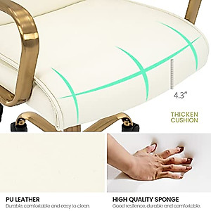 MFD LIVING Home Office Chair, Modern Upholstered Mid-Back PU Leather Task Desk Chair with Arms, Adjustable Rocking Swivel Computer Chair with Wheels (Off-White, Gold Base)