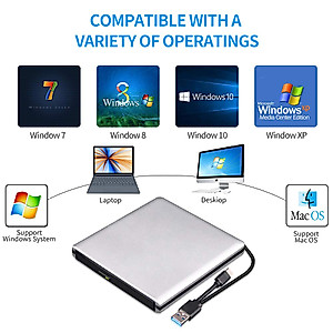 External Blu Ray DVD Drive 3D, USB 3.0 and Type-C Bluray CD DVD Reader Slim Optical Portable Blu-ray Drive for MacBook OS Windows xp/7/8/10, Laptop PC (Silver-Grey)