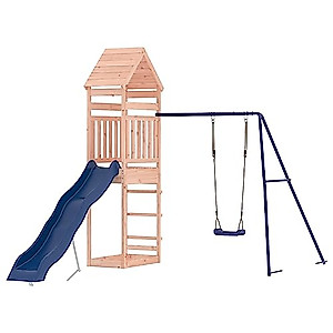 Loibinfen Outdoor Playset Solid Wood Douglas, Garden Play Set with 1 Play Tower,1 Wave Slide,1 Single Swing Set, Modern Outdoor Backyard Children's Climbing Wood Playground Playset,-4571