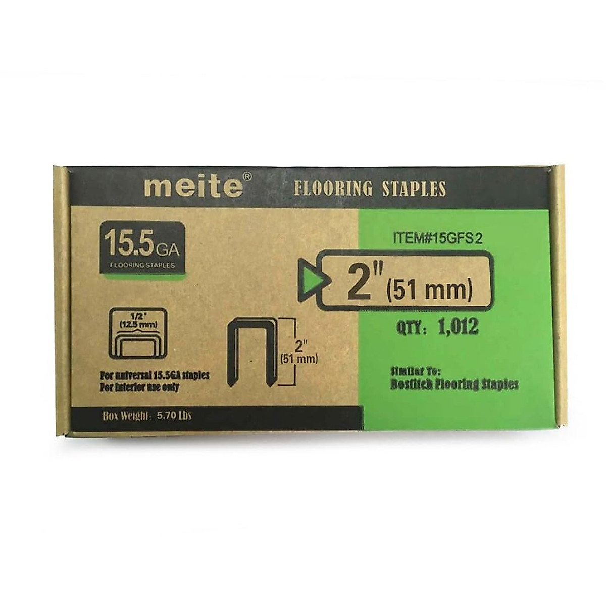 meite 15.5 Gauge Flooring Staples, 2-Inch Length 1/2-Inch Crown Hradwood Floor Staples Collated Galvanized Flooring Staples (1,012 Counts)
