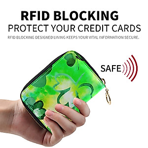 Watercolor Shamrock Clover Seamless Green St. Patrick's DayGrey Credit Card Coin wallet, RFID Blocking Compact Women Leather Card Holder, Key Change Organizer, Zipper Purse Clutch Pouch Pocket