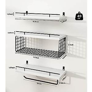 Mefirt Floating Shelves, 3+2 Tier Bathroom Shelves with Paper Towel Holder & Towel Bar, Wood Wall Décor Shelves Over Toilet with Wire Storage Basket & Guardrail, Farmhouse Floating Shelf - White