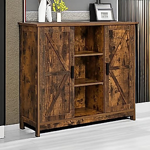 WEENFON Buffet Cabinet, Sideboard, Coffee Bar Cabinet, Storage Cabinet with 2 Barn Doors and 3 Adjustable Shelves, for Living Room, Kitchen, Hallway, Rustic Brown