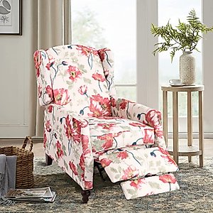 Consofa Wing Back Recliner Chair, Traditional Push Back Recliner Chair with Padded Seat, Upholstered Tufted Fabric Wingback Chair with Wooden Legs, Floral Accent Chairs for Living Room