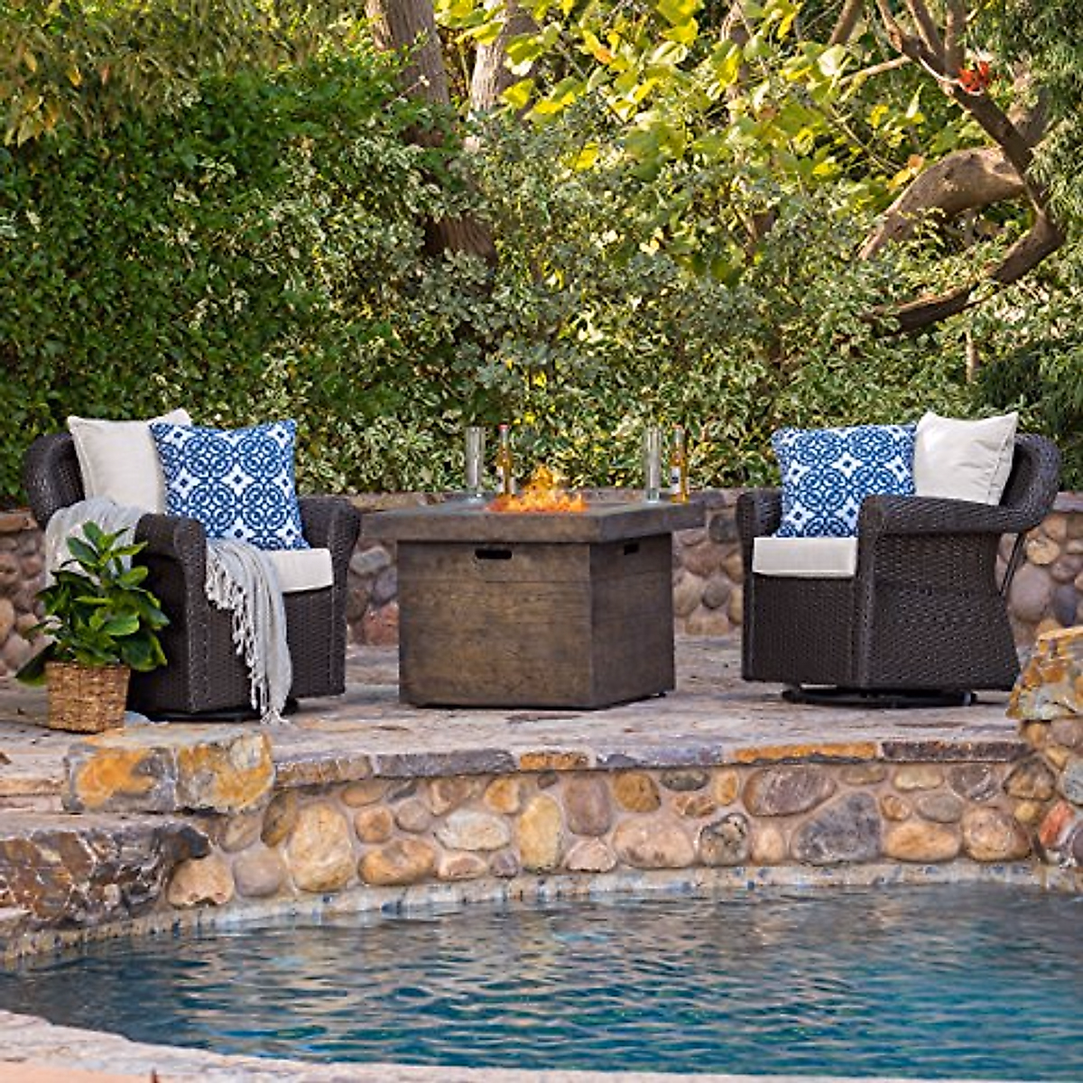 GDF Studio Augusta Patio Furniture ~ 3 Piece Outdoor Wicker Rocking Arm Chair and Propane (Gas) Fire Pit (Table) Set