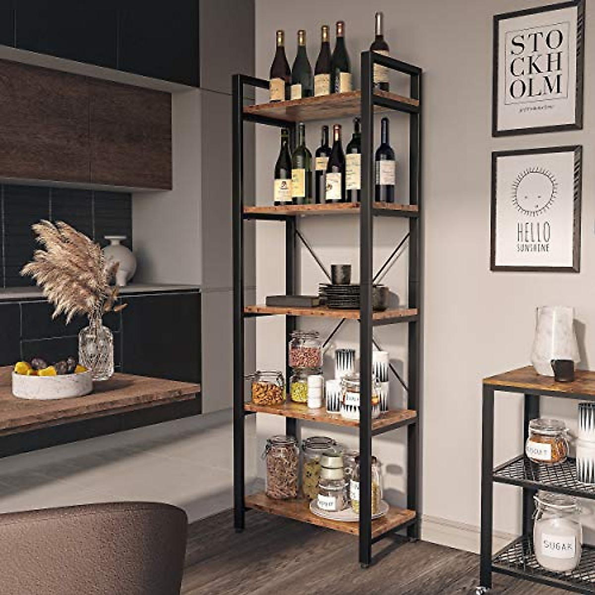 IRONCK Industrial Bookcase, 5-Tier Bookshelf for Living Room, Bedroom, Farm House, Kitchen, Office Decor and Storage