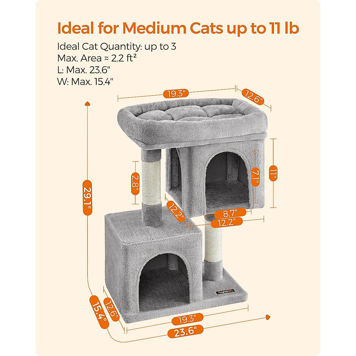 Feandrea Cat Tree, 29.1-Inch Cat Tower, M, Cat Condo for Medium Cats up to 11 lb, Large Cat Perch, 2 Cat Caves, Scratching Post, Light Gray UPCT612W01