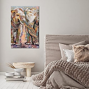 OuElegent Elephant Painting Canvas Wall Art Elephant Couple Graffiti Art Print Wlidlife African Animal Pictures Love Artwork for Home Living Room Bedroom Framed Ready to Hang