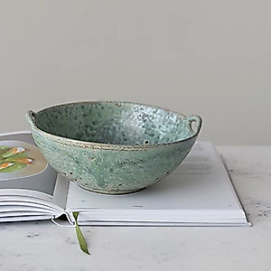 Creative Co-Op Stoneware Berry Bowl with Handles, Aqua Reactive Glaze Serveware, 8"L x 8"W x 3"H, Multicolor