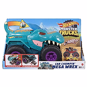 Hot Wheels Monster Trucks Car Chompin' MEGA-Wrex, Large Toy Monster Truck & 1:64 Scale Toy Car, "Eats" & "Poops" 1:64 Scale Vehicles